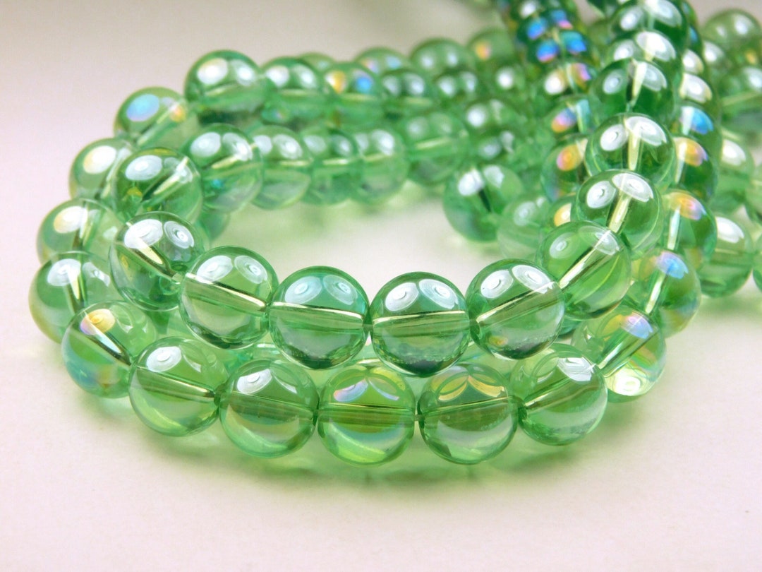 12 Inch Strand - 10mm Round Transparent Lime Green AB Glass Beads ...
