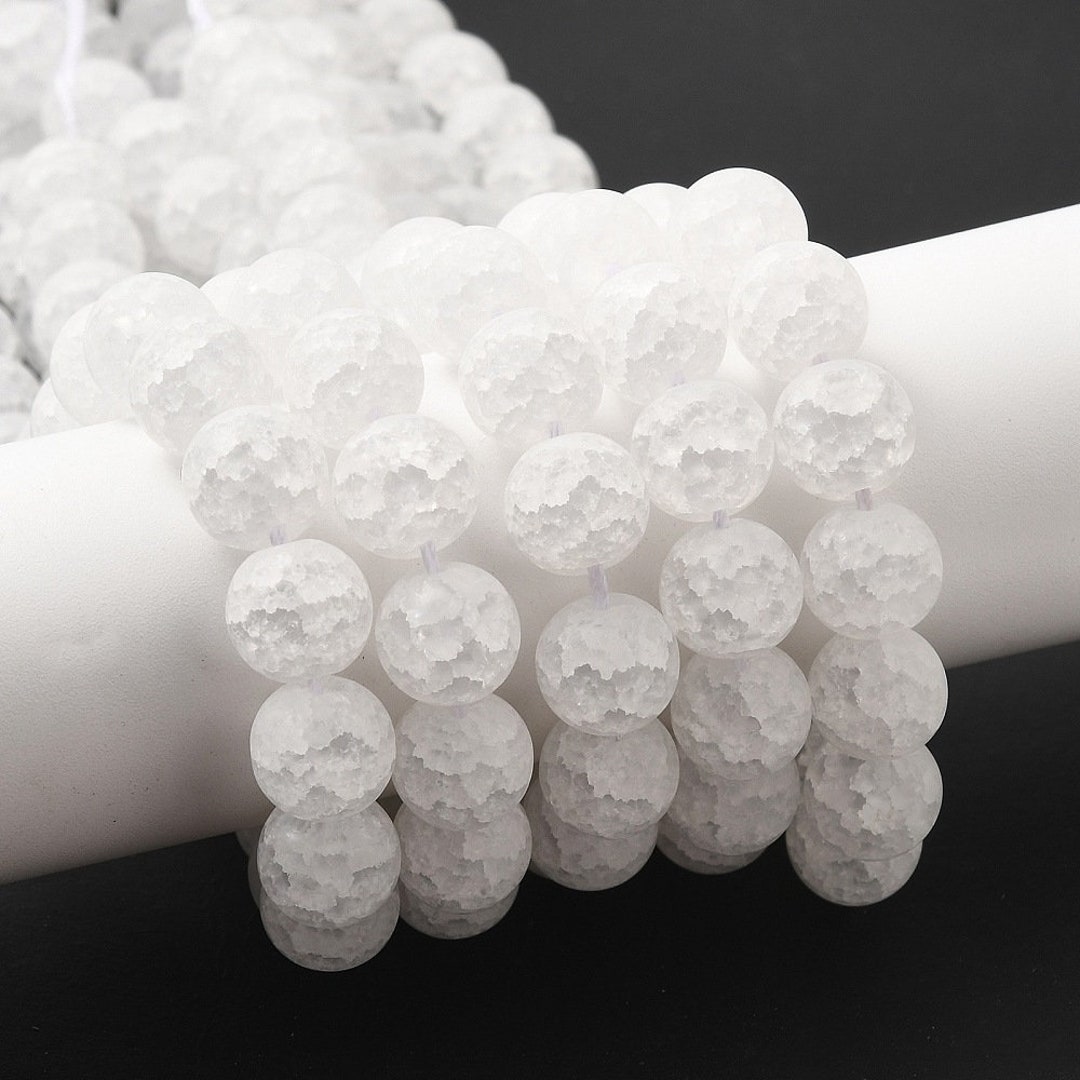 10mm Round White Frosted Crackle Glass Beads - 15 in Strand - Glass ...