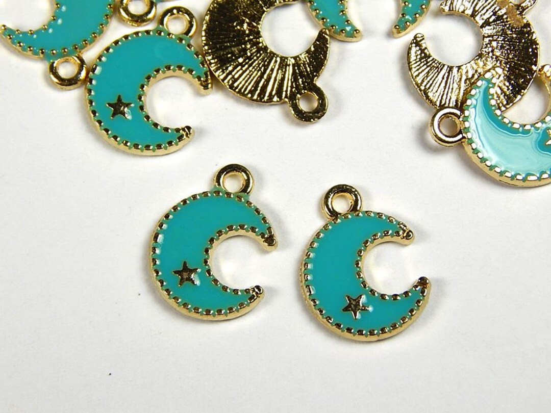 5x Moon Charms - 16x12mm - Gold Plated Turquoise Enamel Charms - Moon ...