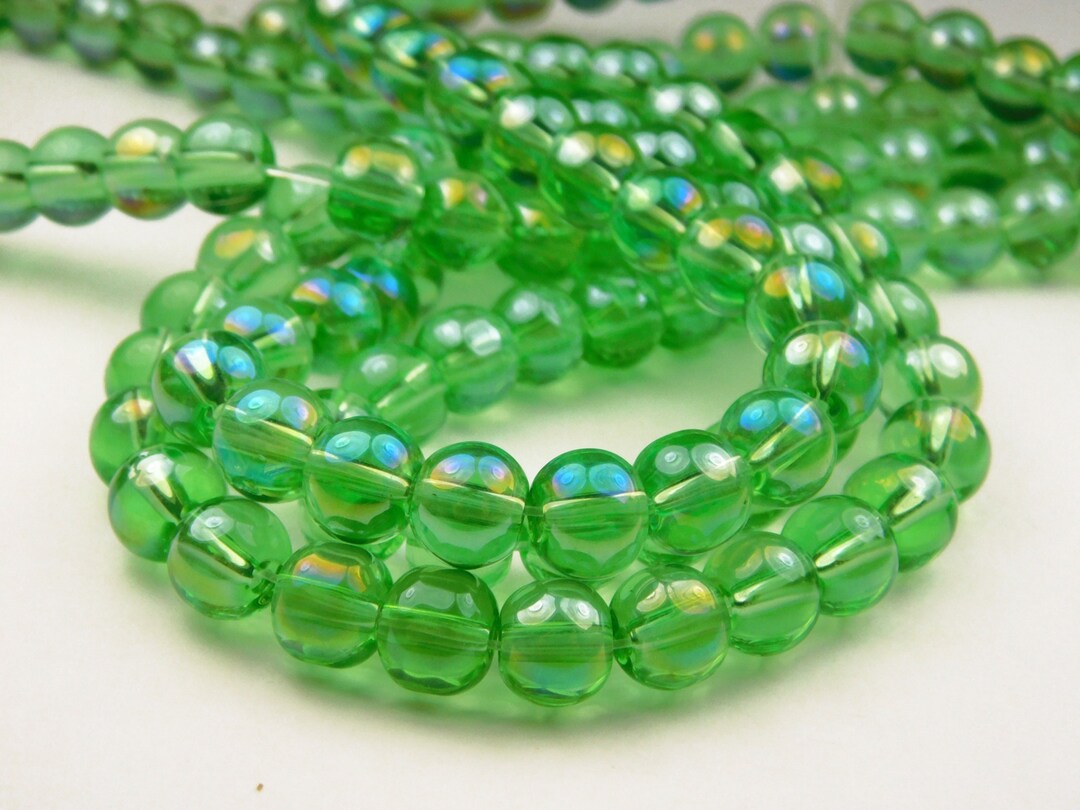 14 Inch Strand - 8mm Round Transparent Lime Green AB Glass Beads ...