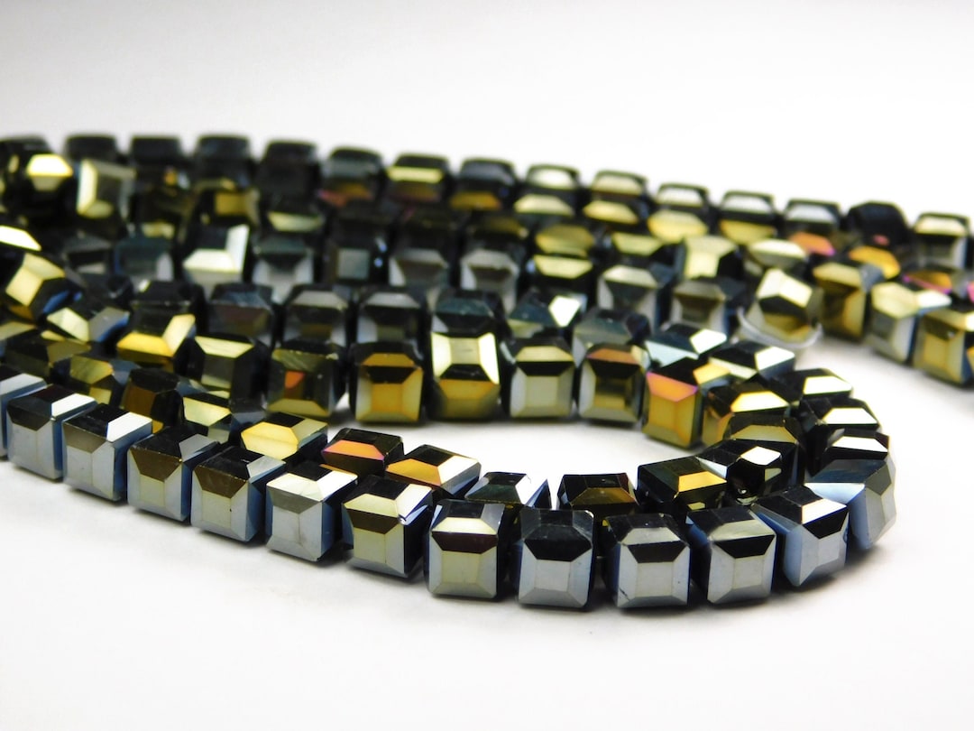 25 Pcs - 6mm Faceted Black AB Square Glass Cube Beads - Electroplated ...
