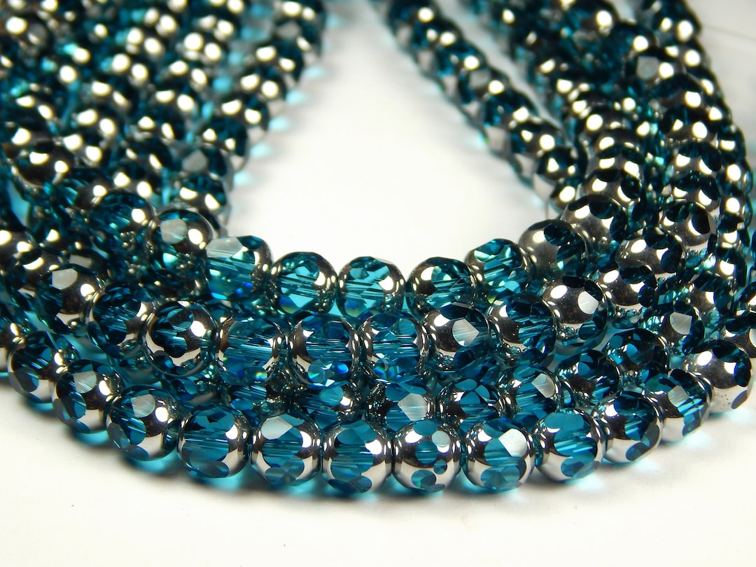 11-1/2 Inch Strand - 8mm Round Half Silver Plated Cyan Glass Beads ...