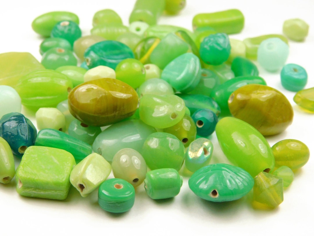 12 Inch Strand - All Mixed up India Glass Beads - Opaque Green Mix ...