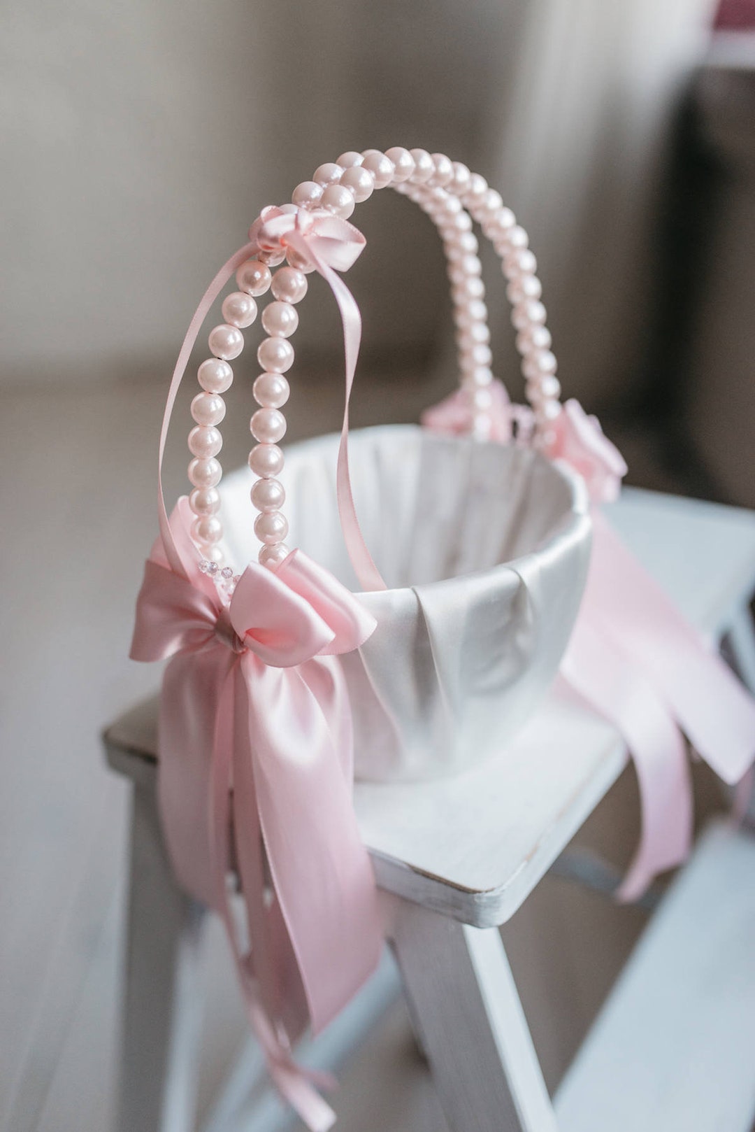 Blush Flower Girl Basket, Pink Wedding Basket, Pearl Handle Basket ...