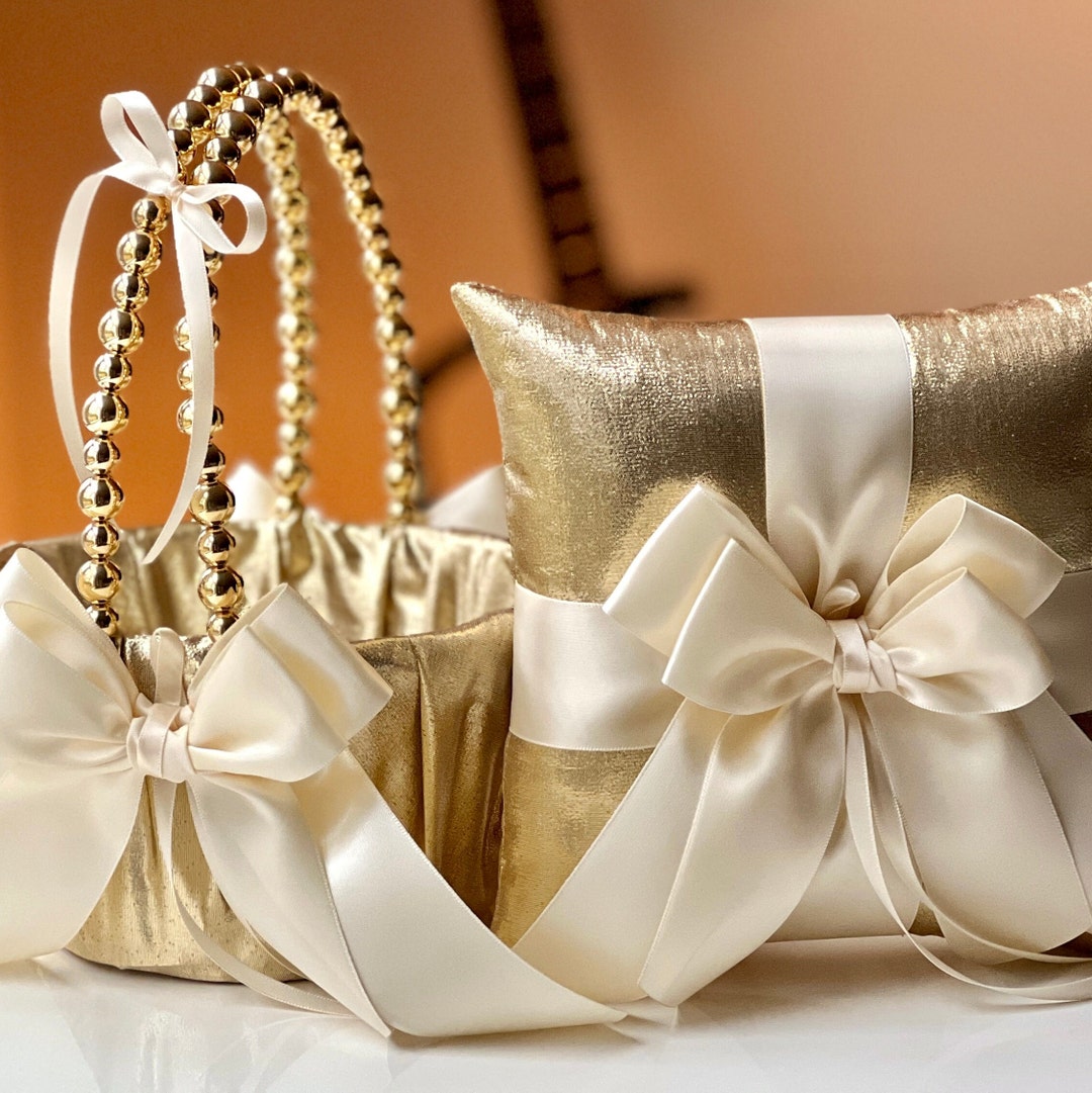 Gold Flower Girl Basket and Ring Bearer Pillow Set Ivory Gold Wedding ...