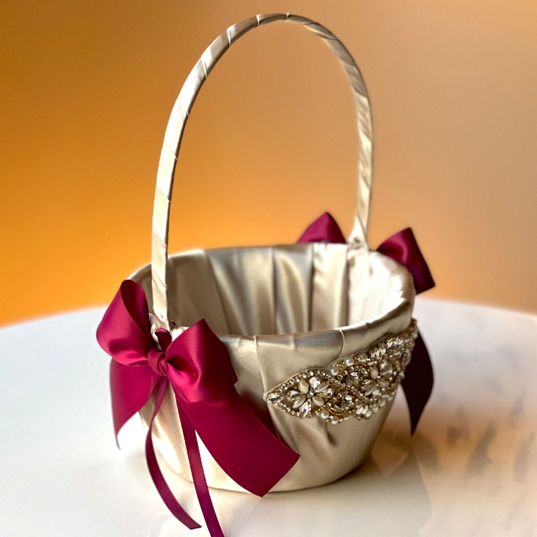 Beige Flower Girl Basket Burgundy Wedding Basket Champagne Baskets ...