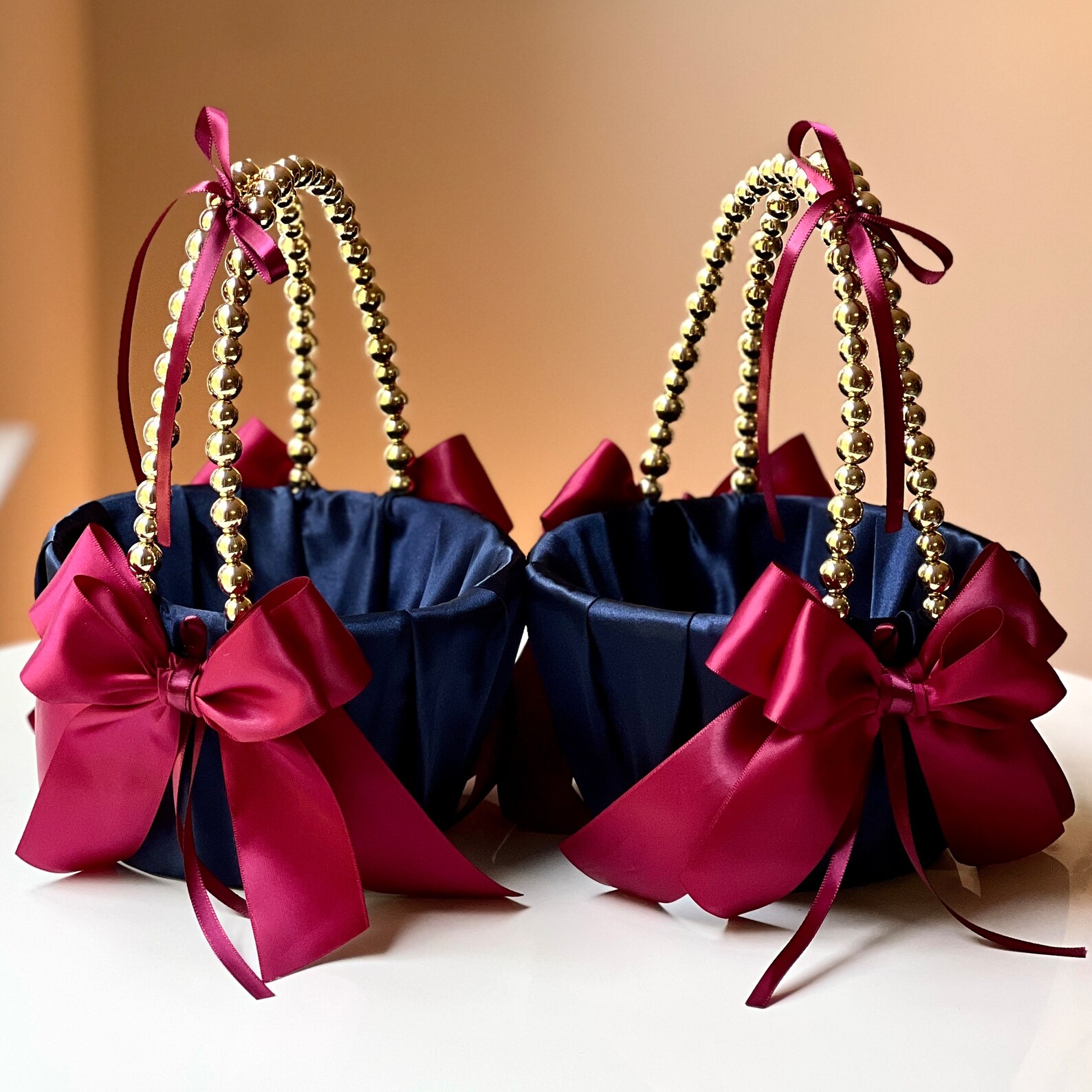 Flower Girl Basket Navy Burgundy Wedding Basket, Pearl Handle Basket ...