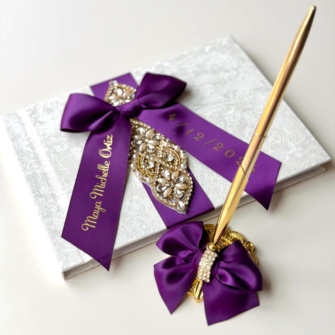 Quinceañera Guest Book With Pen Wedding Plum Gold Mis Quince Guest Book ...