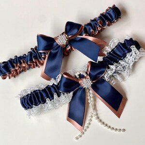 Navy Blue Wedding Bridal Garters Rose Gold Garter Set Wedding Garters ...