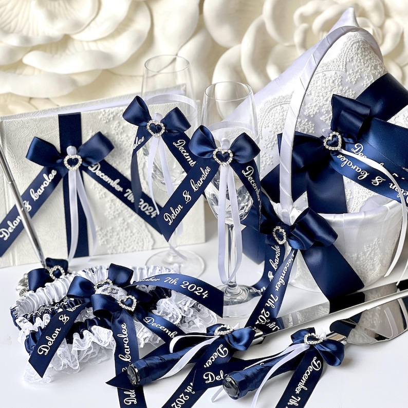Navy Blue Wedding Decor Flower Girl Basket Ring Bearer Pillow Bridal ...