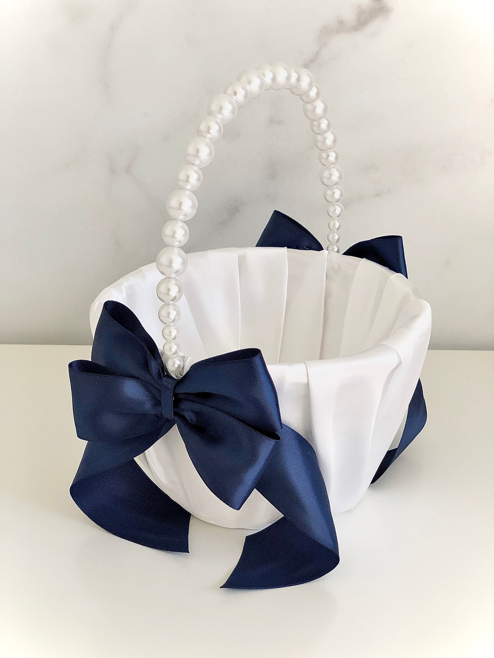 Navy Flower Basket, Navy Blue Wedding Basket Pearl Handle, Flower Girl ...
