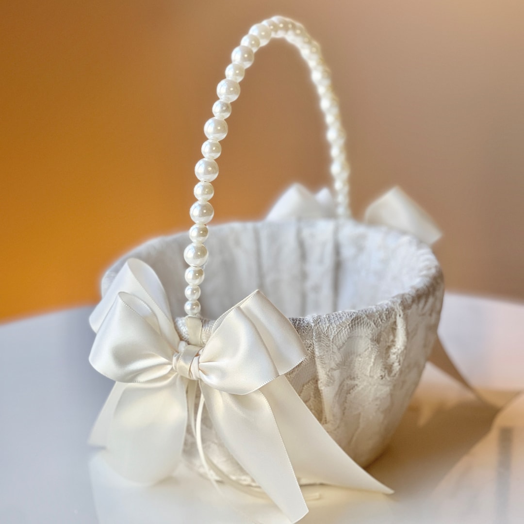 Ivory Flower Girl Basket Lace Wedding Basket Pearl Flower Basket Lace ...