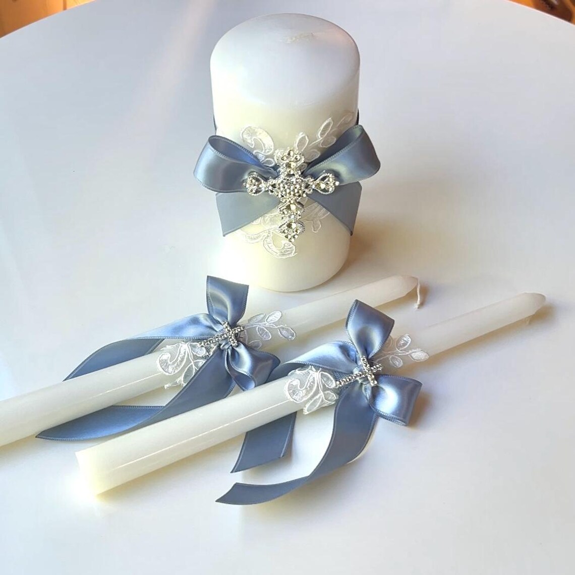 Unity Candle Set Dusty Blue Wedding Candle Set Unity Candles With Cross ...