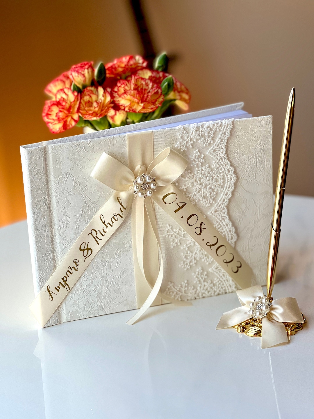 Guest Book With Pen Ivory Wedding Guest Book, Lace Guest Book, Custom ...