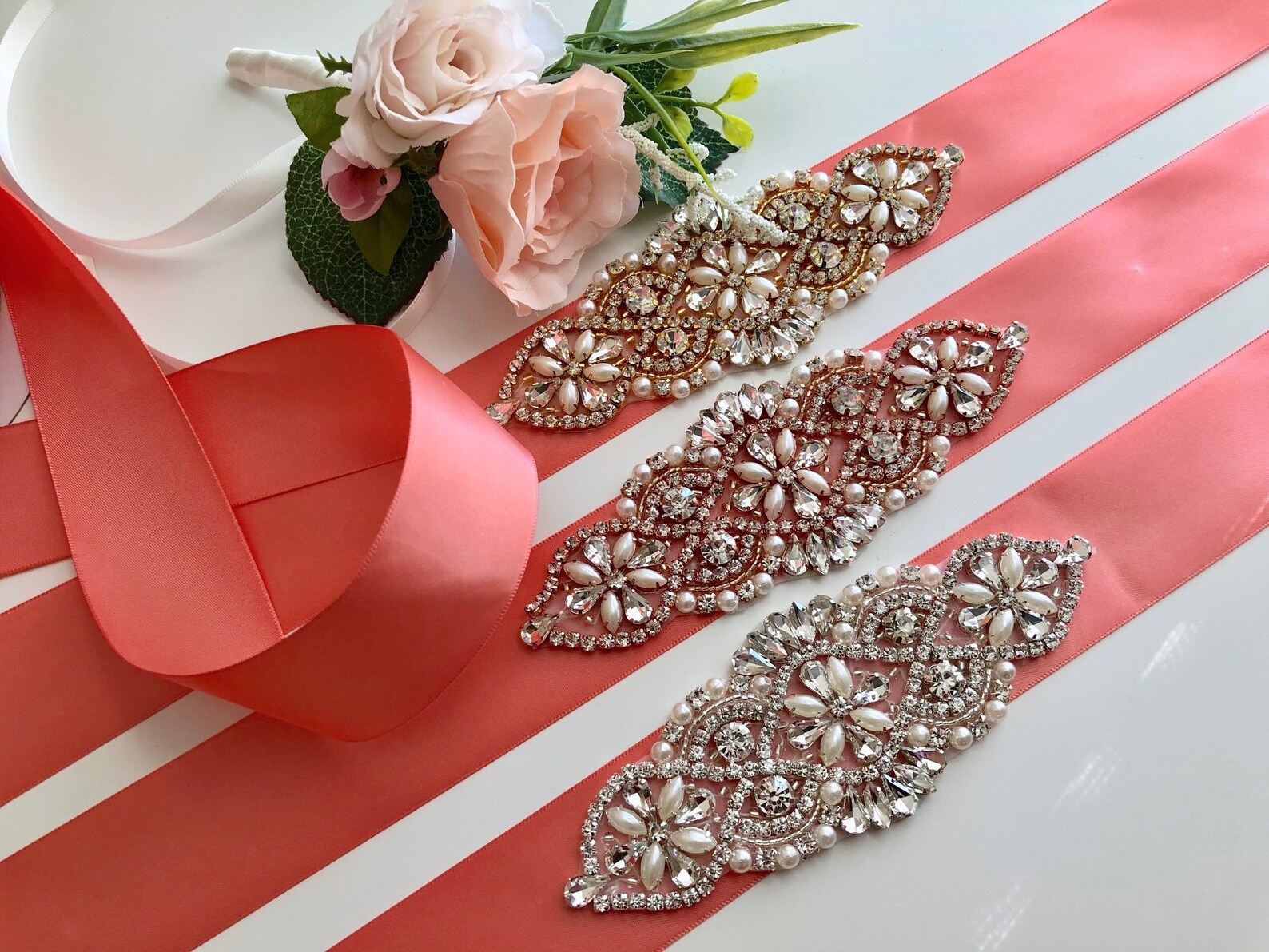 Coral Bridal Belt Coral Wedding Belt Rhinestone Bridal - Etsy