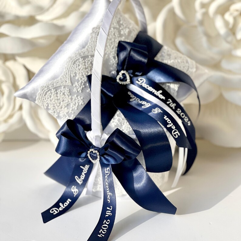 Navy Blue Wedding Decor Flower Girl Basket Ring Bearer Pillow Bridal ...