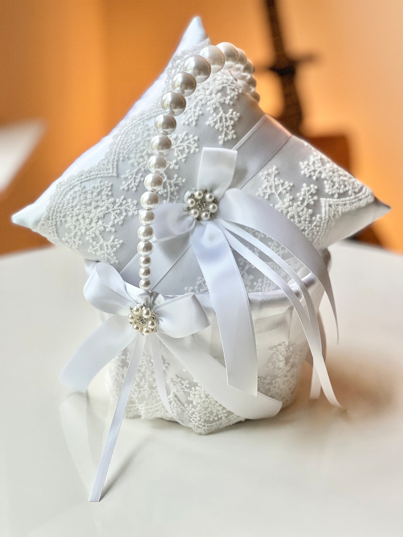 Ivory or White Flower Girl Basket and Ring Bearer Pillow Set, Wedding ...