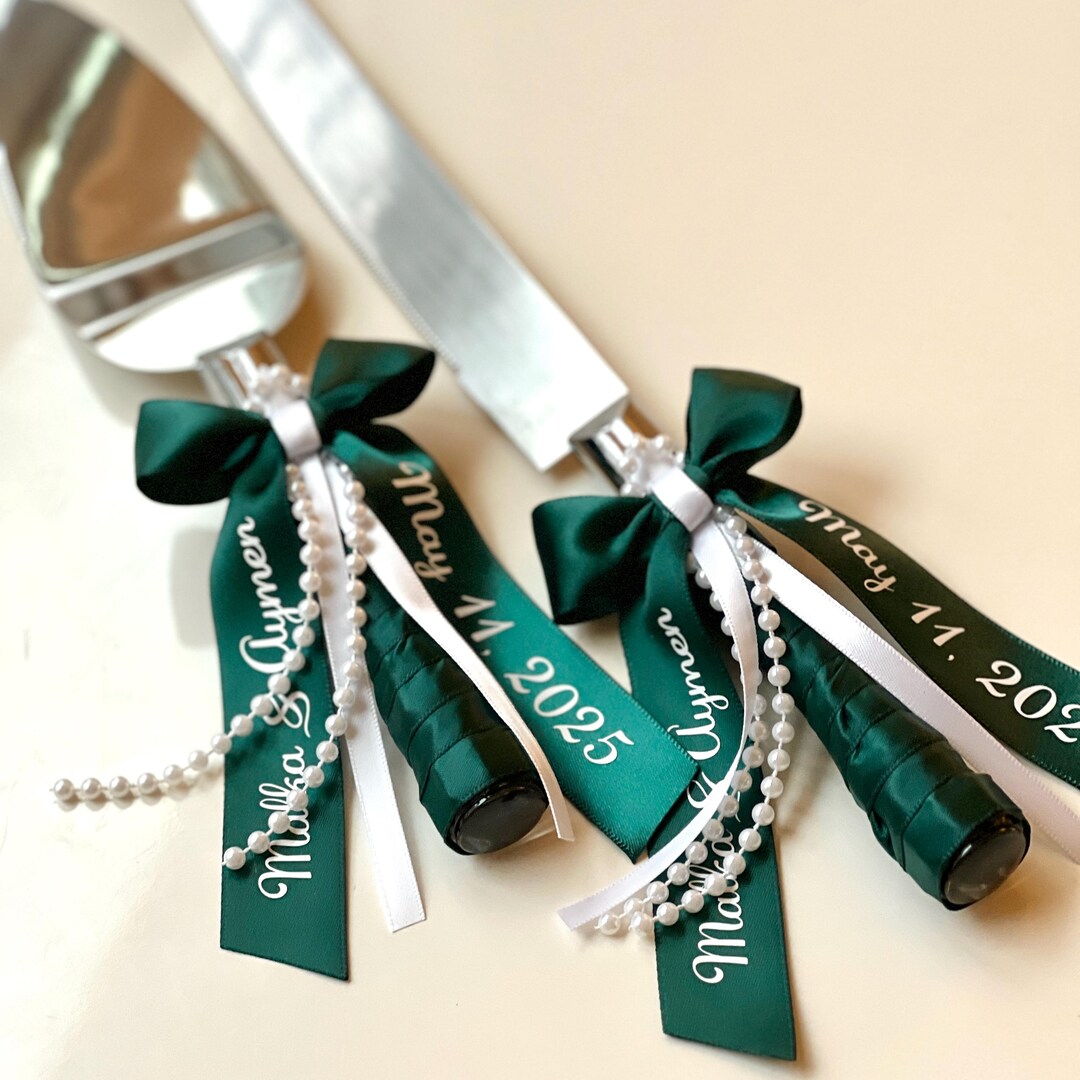 Green Cake Serving Set Dark Green Cake Server Set Green Wedding Cake ...