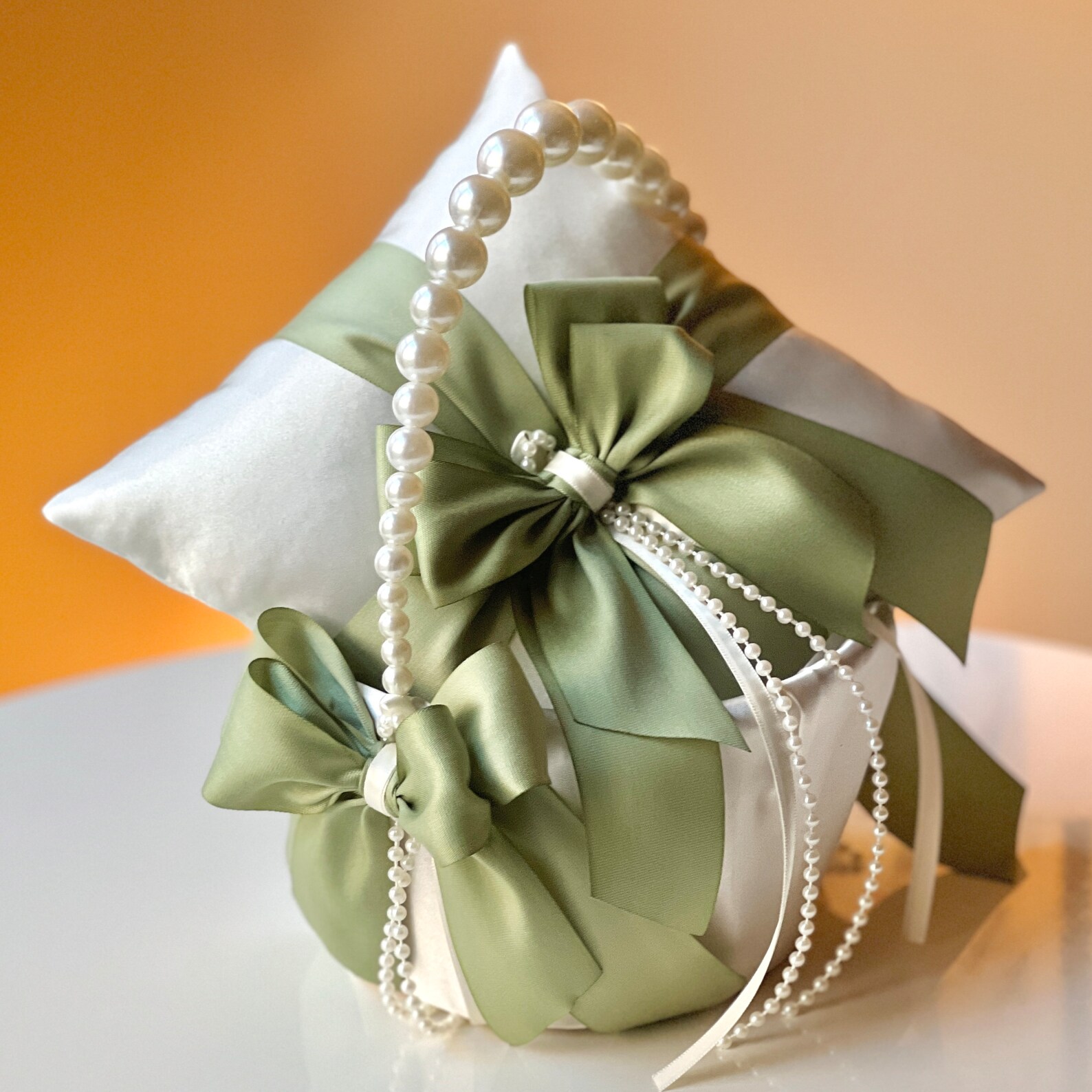 Flower Girl Basket and Ring Bearer Pillow Set Sage Wedding Basket Pearl ...