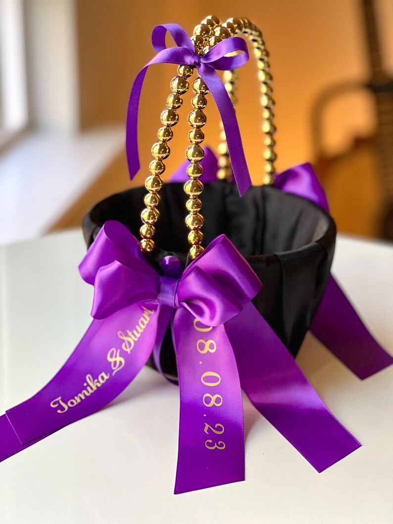 Flower Girl Basket and Ring Bearer Pillow Set in Black and Purple Color ...
