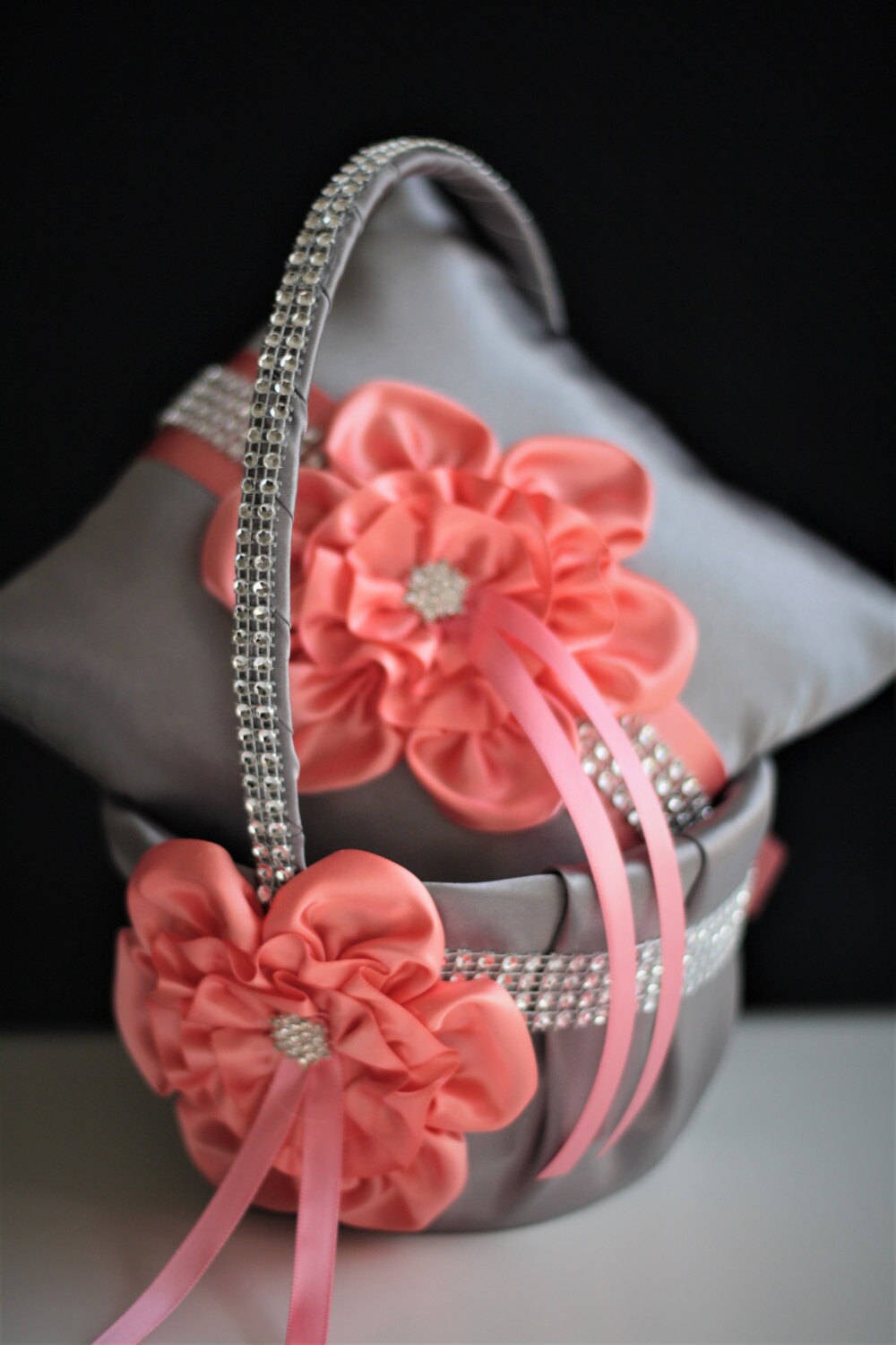 Coral Gray Basket \ Gray Coral Wedding Basket \ Coral Flower Girl ...