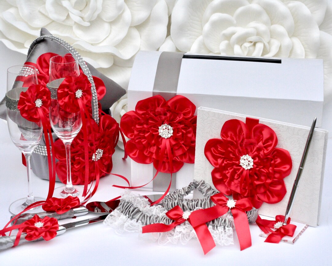 Gray Red Wedding Accessories, Red Flower Girl Basket and Ring Bearer ...