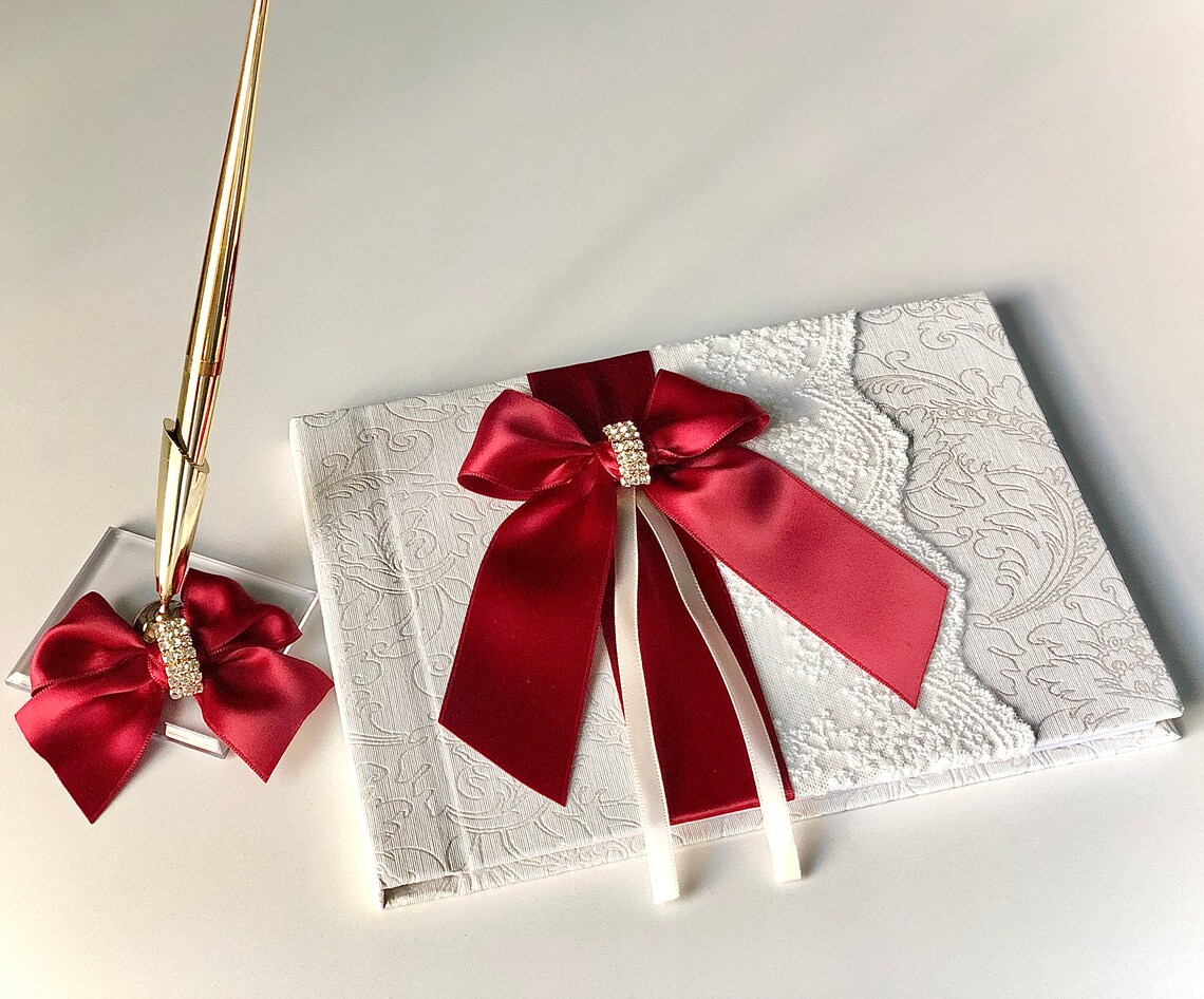 Red Guest Book With Pen, Marsala Guest Book, Wedding Guest Book, Sign ...