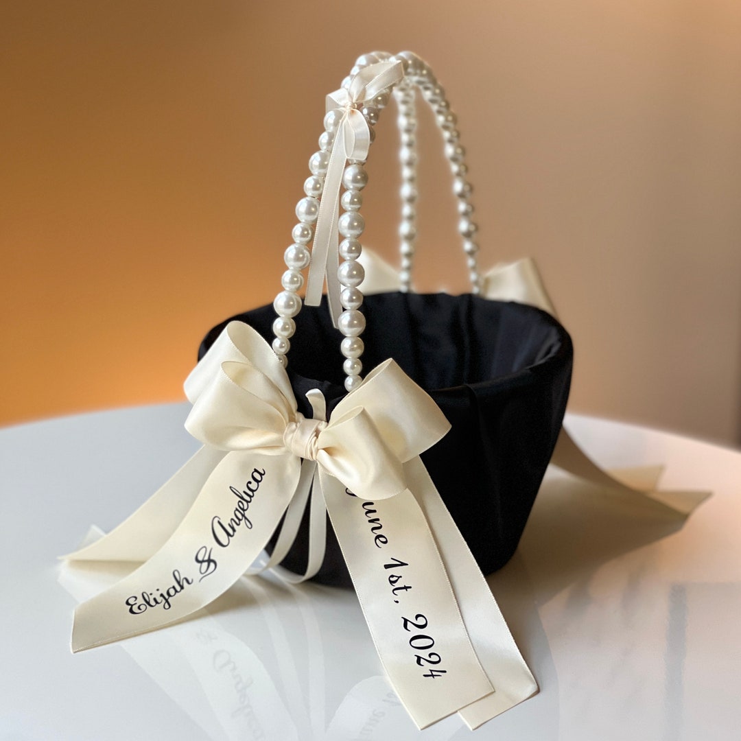 Pearl Flower Girl Basket Black Ivory Wedding Basket Black Flower Basket ...