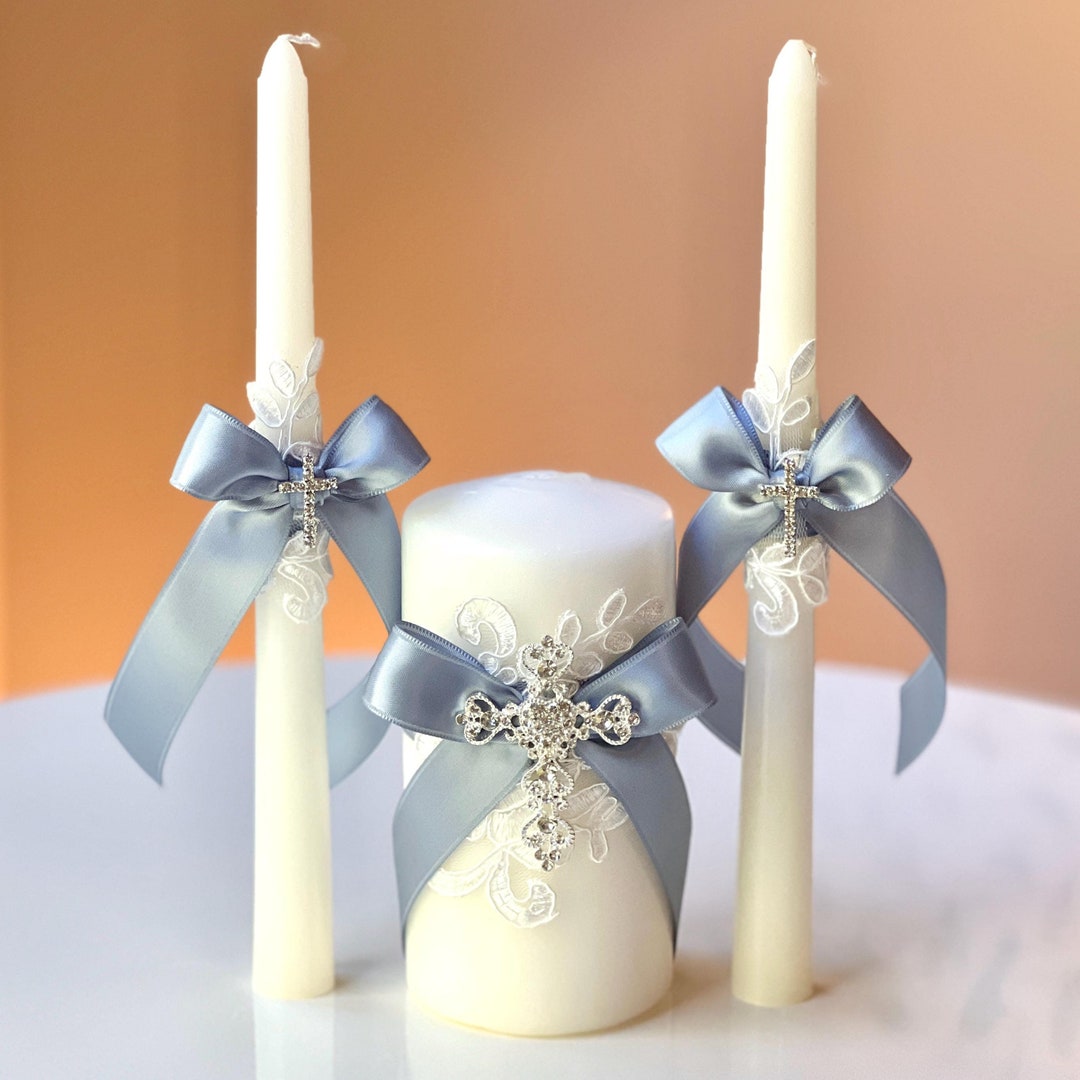 Unity Candle Set Dusty Blue Wedding Candle Set Unity Candles With Cross ...