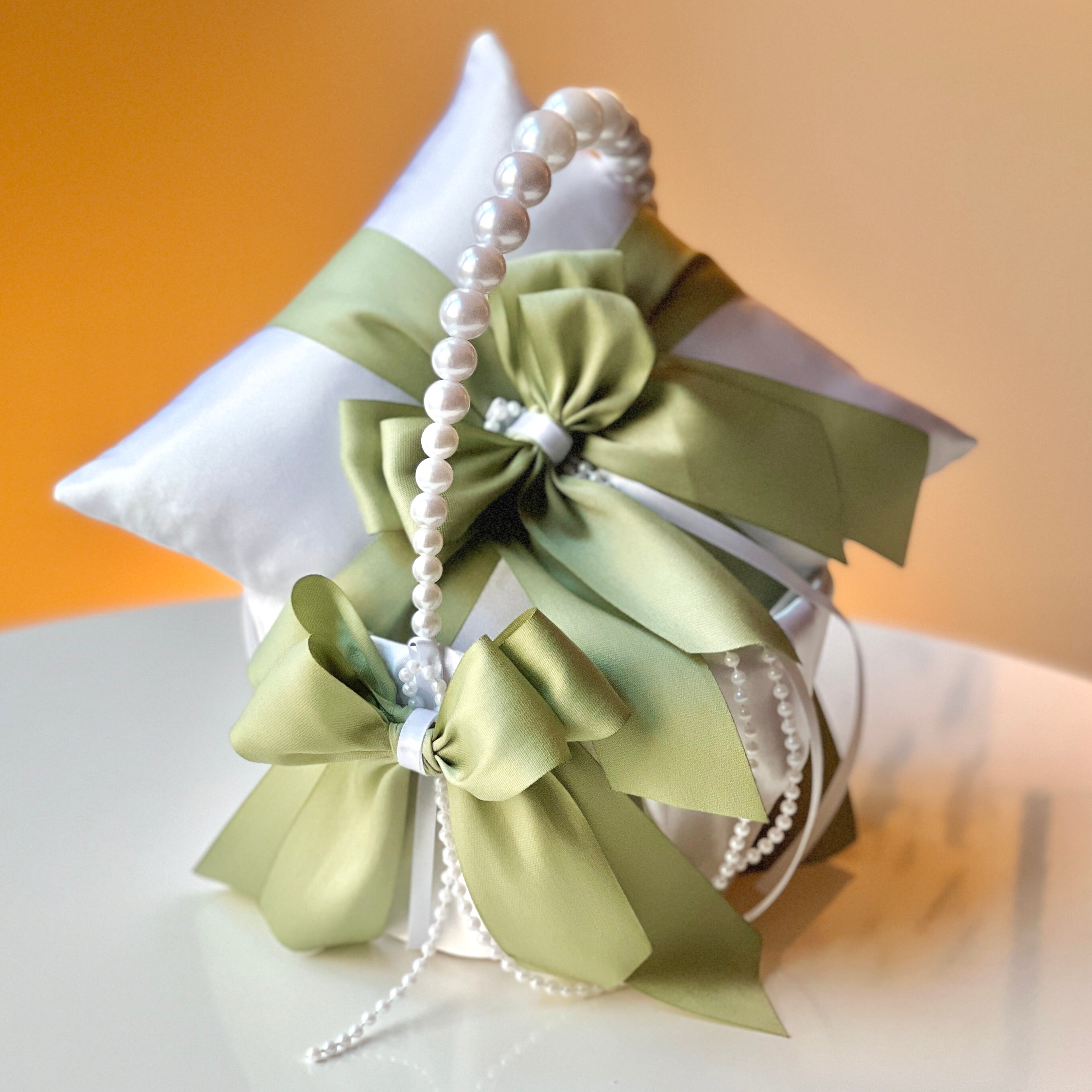 Flower Girl Basket and Ring Bearer Pillow Set Sage Wedding Basket Pearl ...