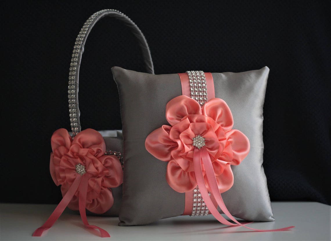 Coral Gray Basket \ Gray Coral Wedding Basket \ Coral Flower Girl ...