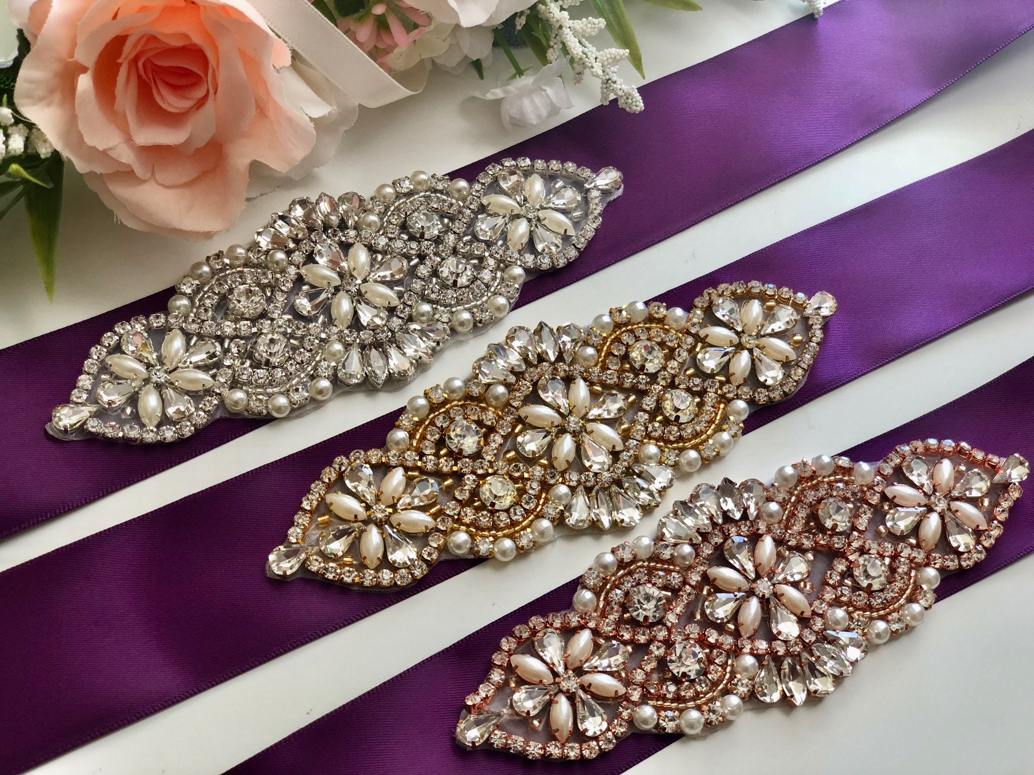 Purple Bridal Belt, Purple Wedding Belt, Rhinestone Bridal Belt ...