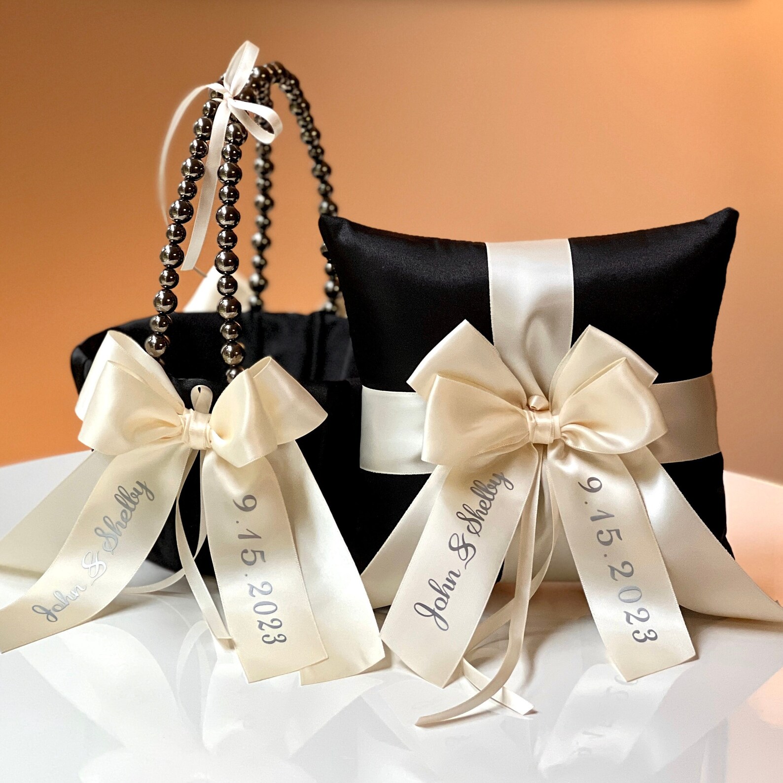 Flower Girl Basket and Ring Bearer Pillow Set Black Ivory Personalized ...