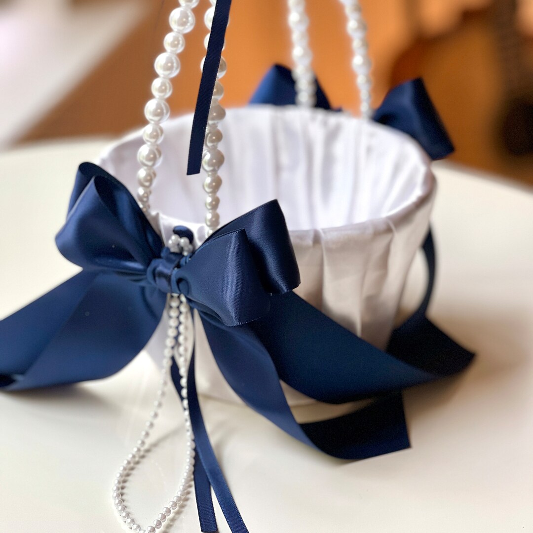 Navy Blue Flower Girl Basket Pearl Handle Basket White Pearl Basket ...