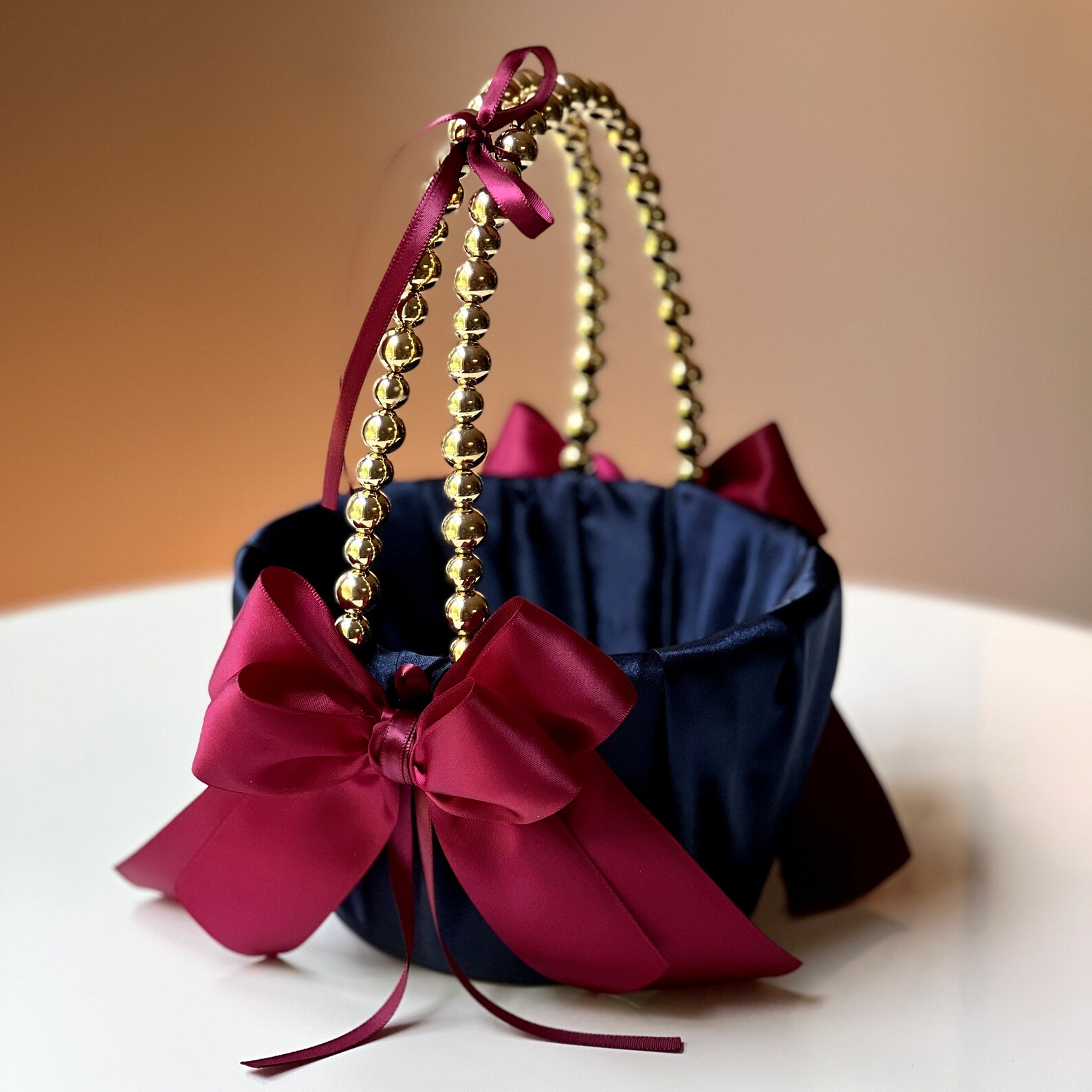 Flower Girl Basket Navy Burgundy Wedding Basket, Pearl Handle Basket ...