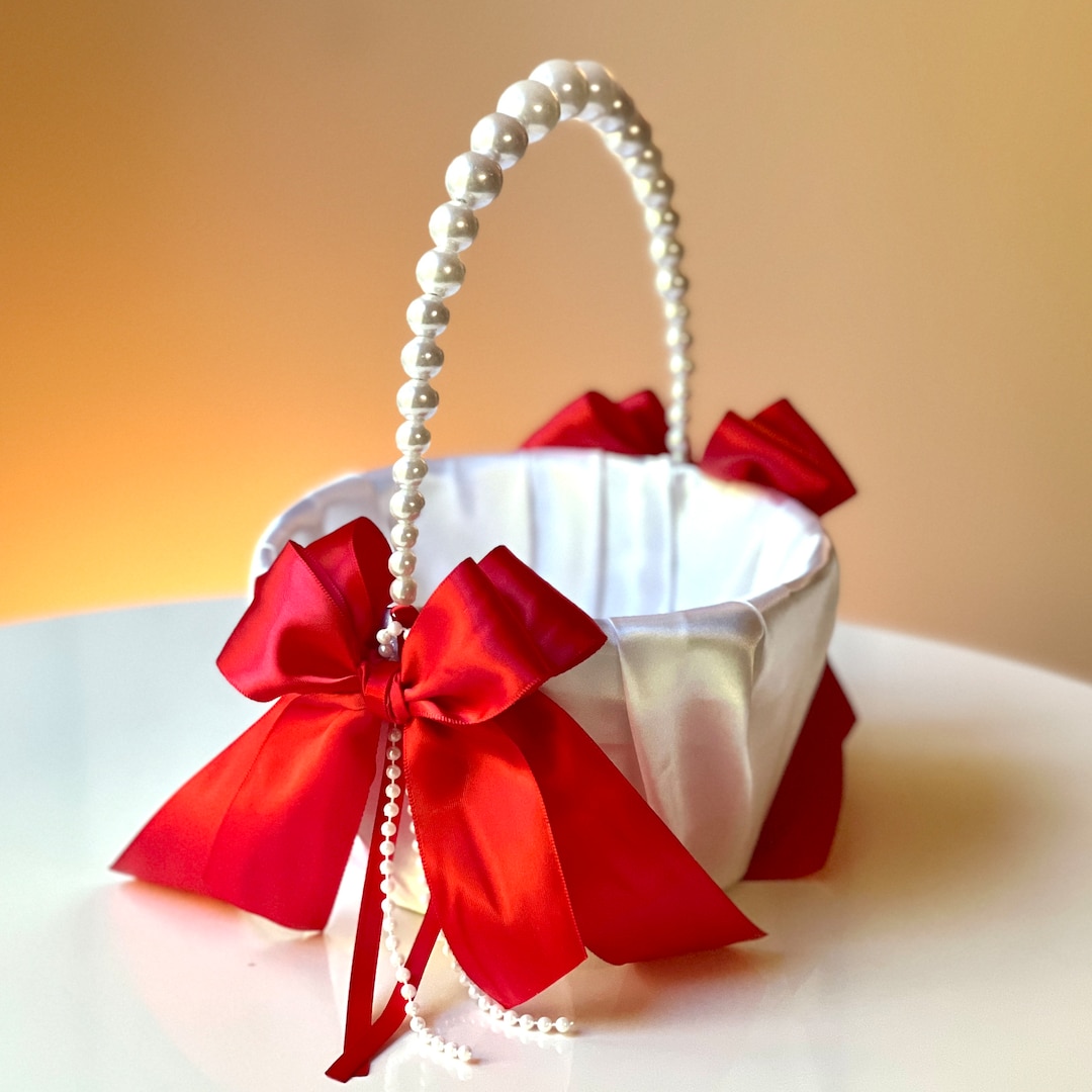 Red Flower Girl Basket Red Wedding Basket With Pearl Handle Basket for ...