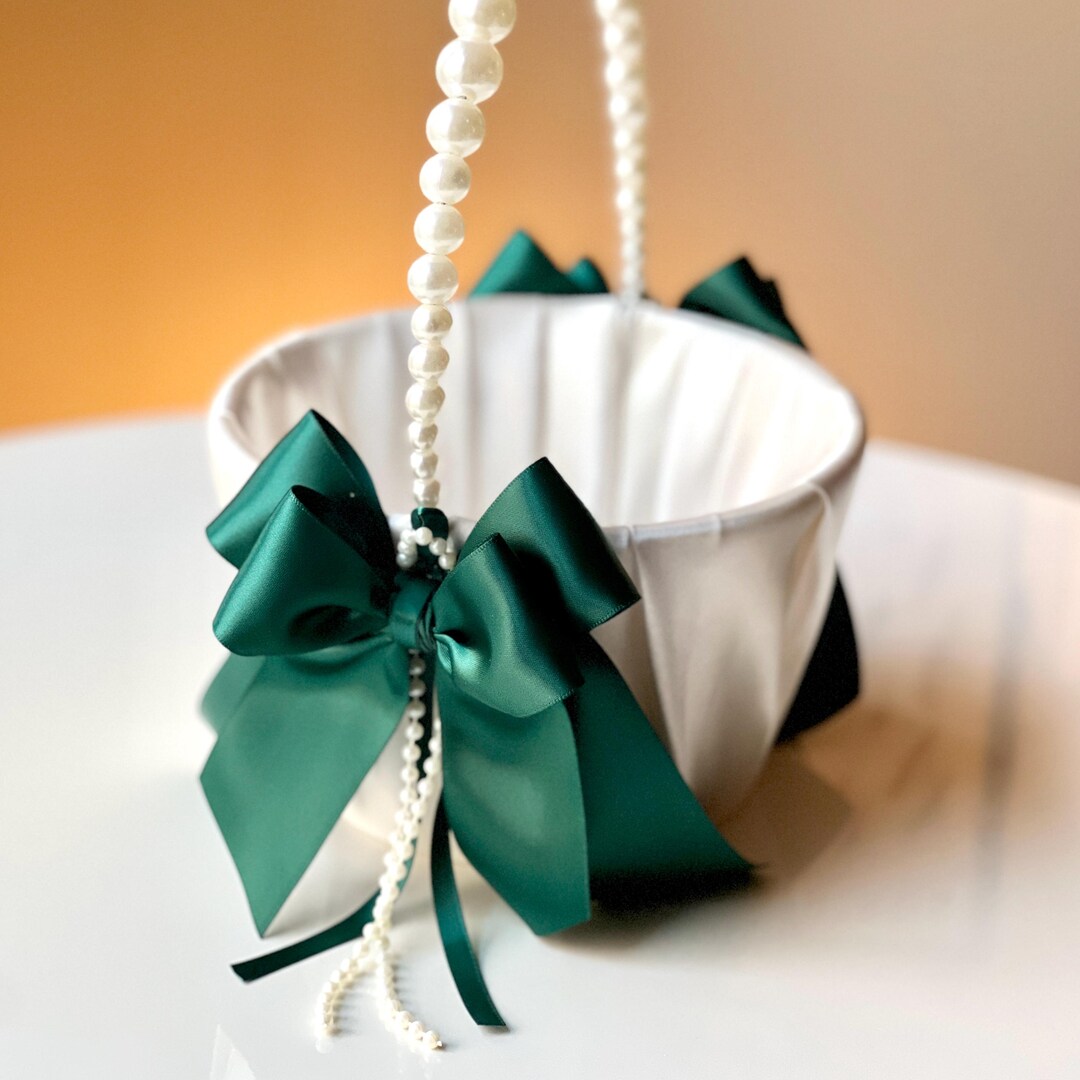 Flower Girl Basket Hunter Green Wedding Decor Dark Green Pearl Handle ...
