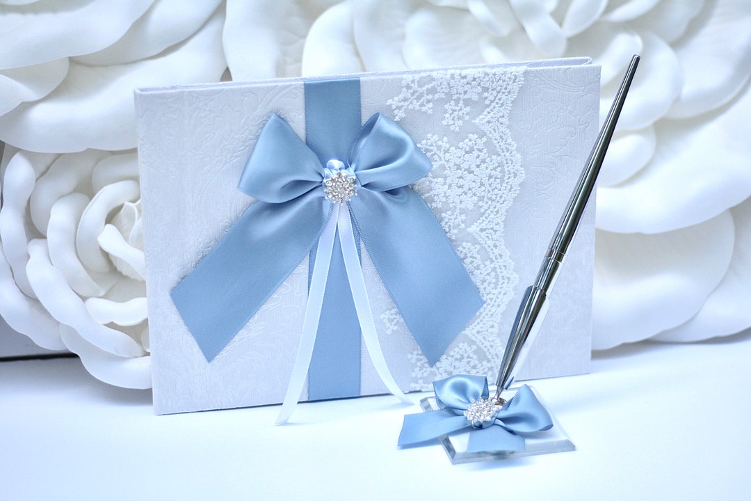 Wedding Guest Book With Pen, Steel Blue Wedding Guestbook, Wish Book ...