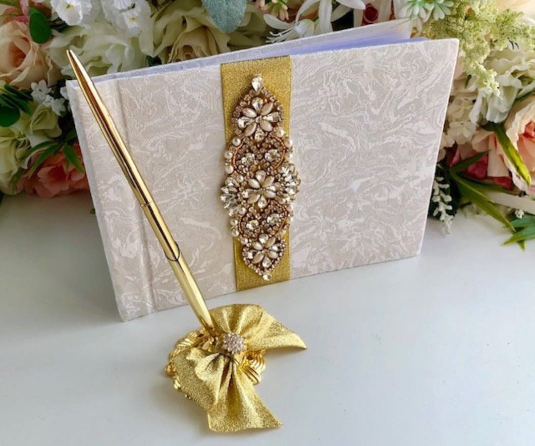 Gold Guest Book With Pen, Wedding Guest Book, Wedding Guestbook, Custom ...