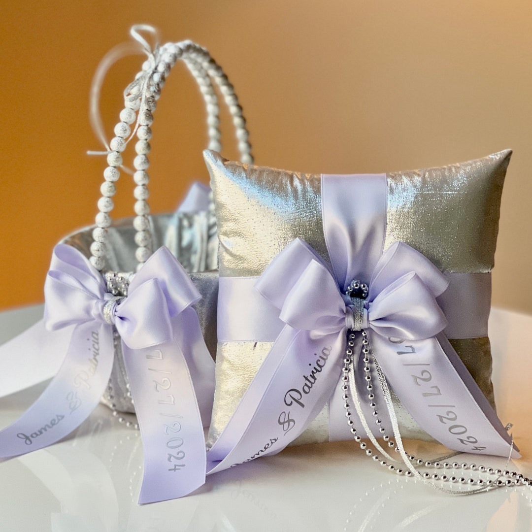 Flower Girl Basket and Ring Bearer Pillow Set Personalized Lilac Silver ...
