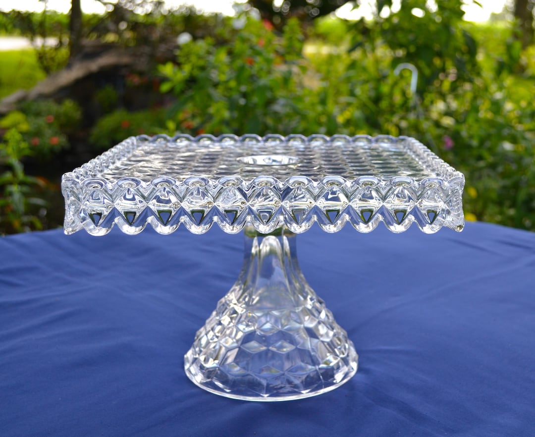 Fostoria American Square Cake Plate: Pedestal Stand With Rum Well ...