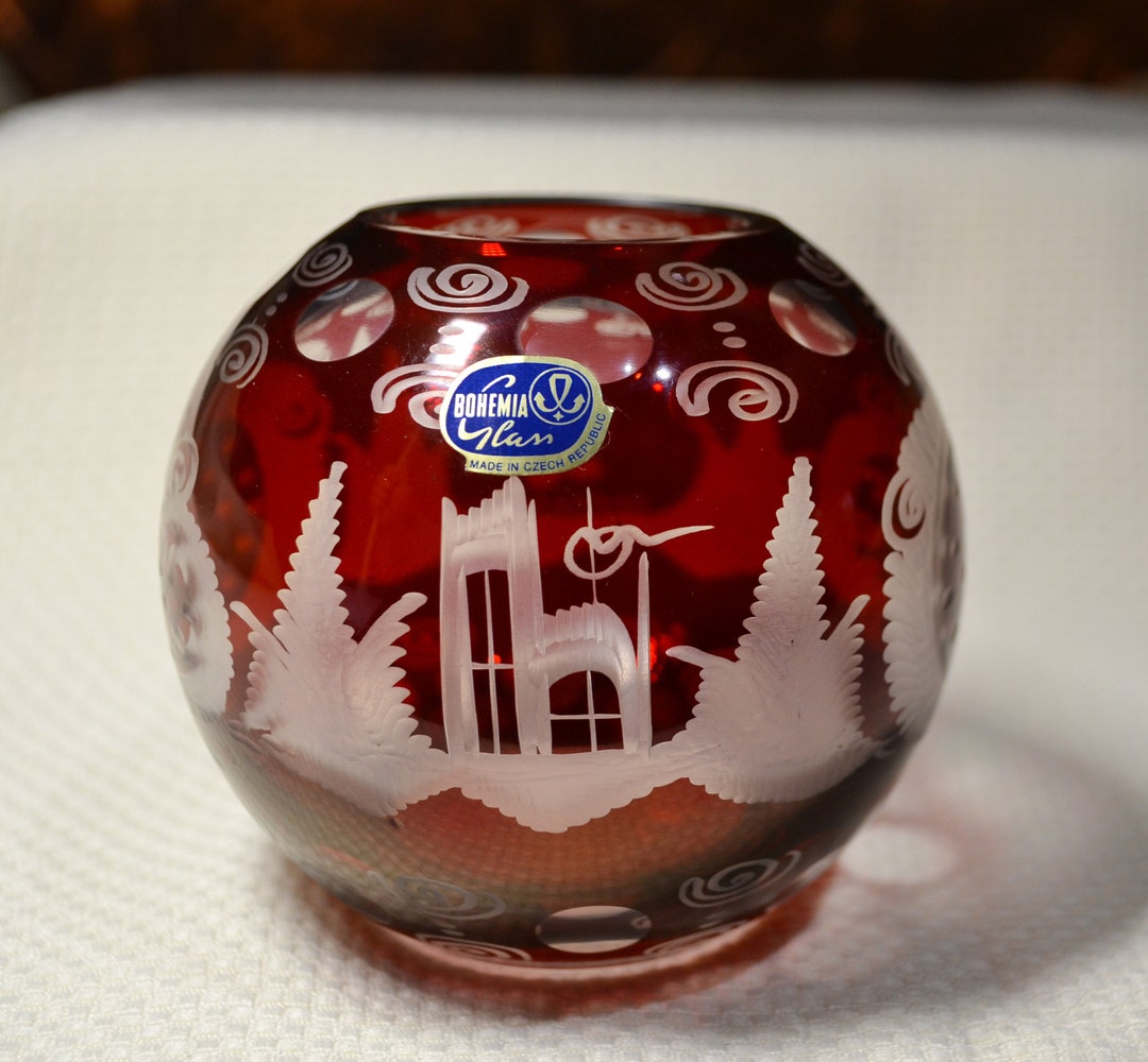 Bohemian Cut to Clear Rose Bowl, Bohemian Red Crystal Bowl, Bohemia ...