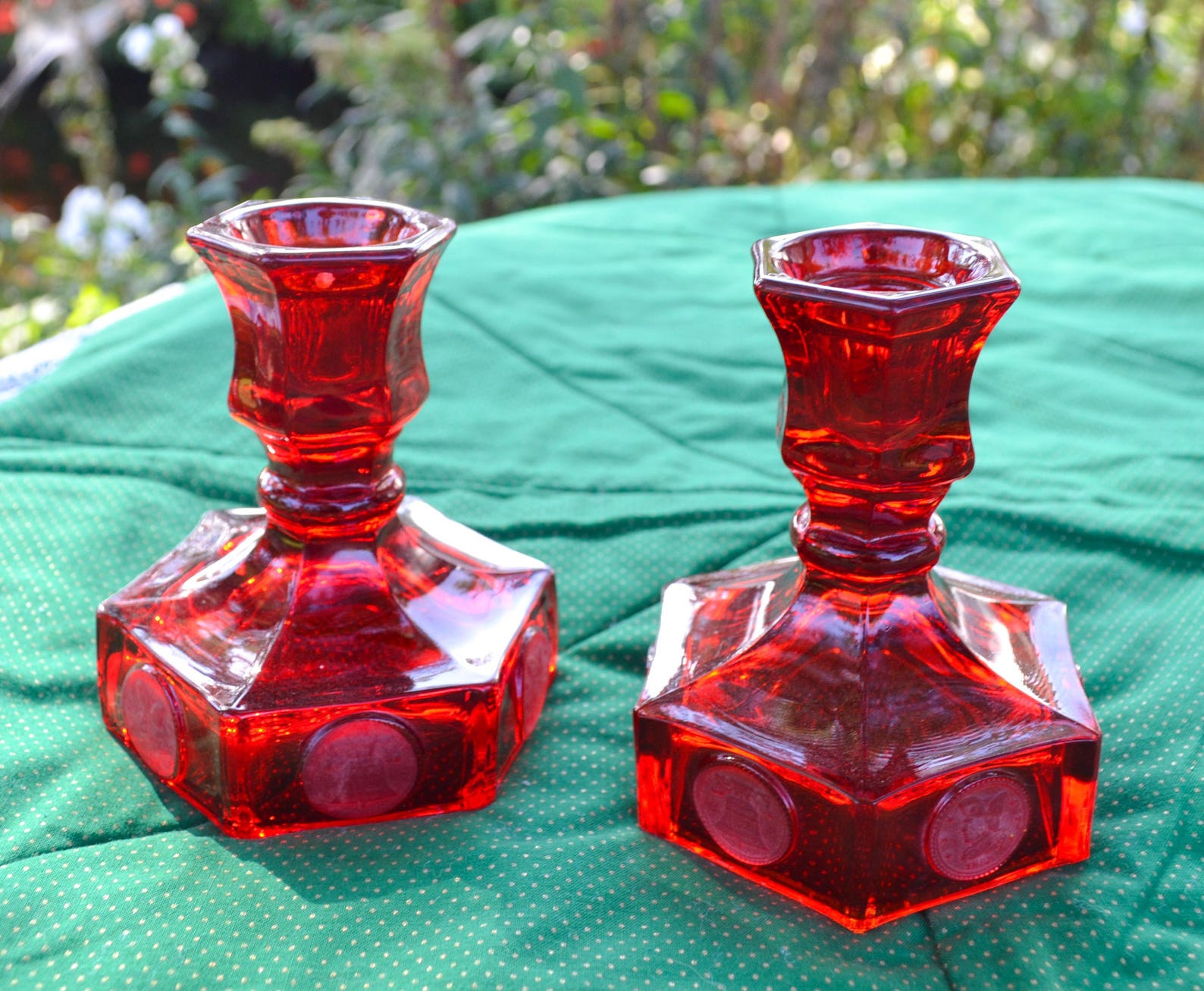 Fostoria Ruby Red Coin Glass Candle Holders: Frosted Medallion Pattern ...