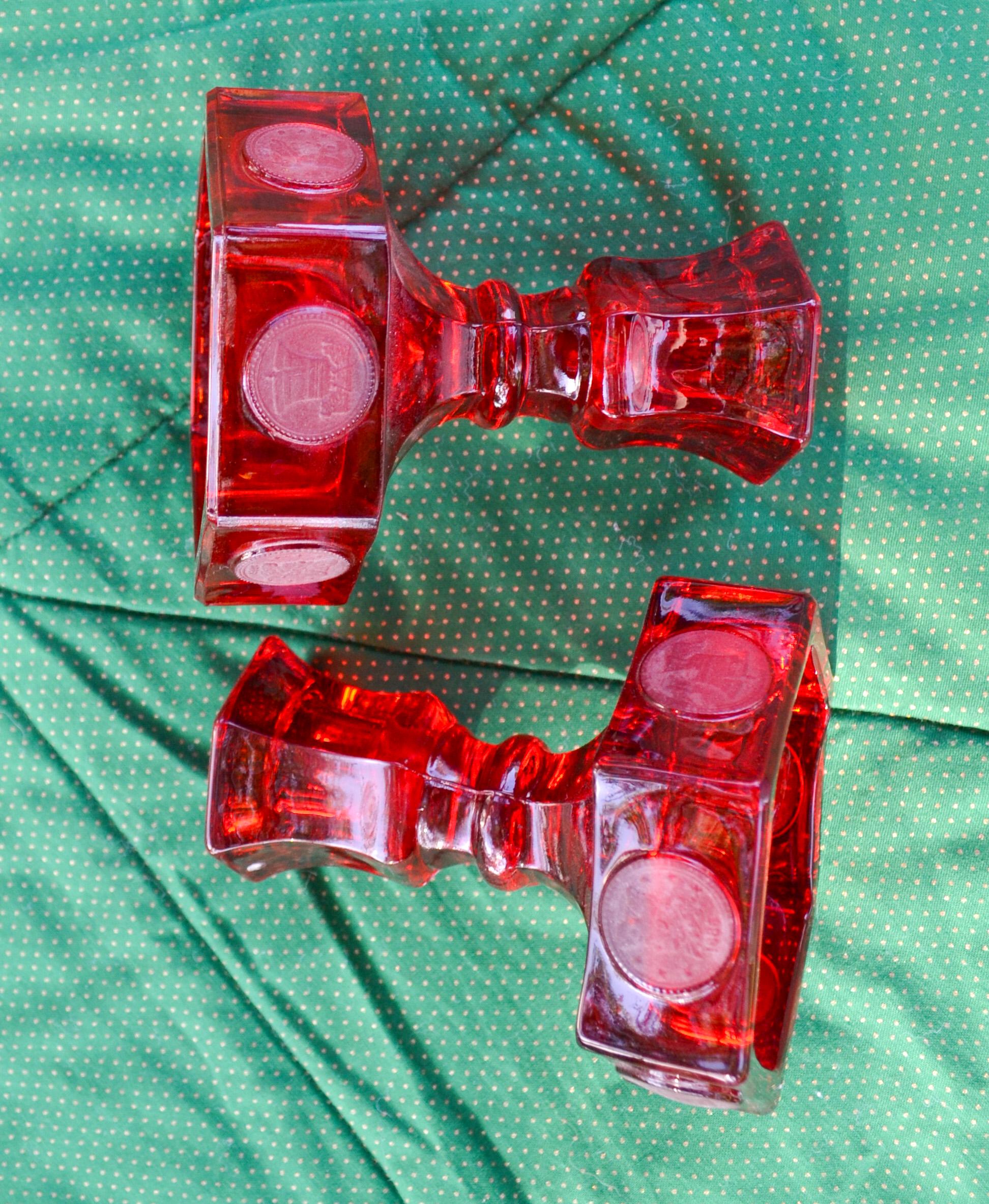 Fostoria Ruby Red Coin Glass Candle Holders: Frosted Medallion Pattern ...