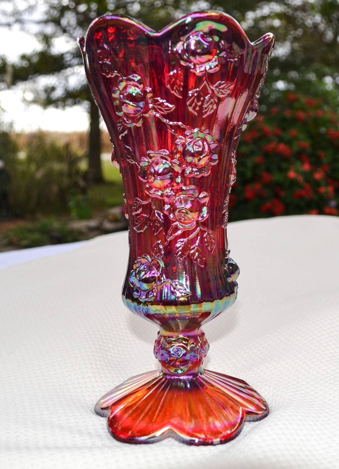 Fenton Red Carnival Glass Vase, Fenton Cabbage Rose Vase, Fenton ...