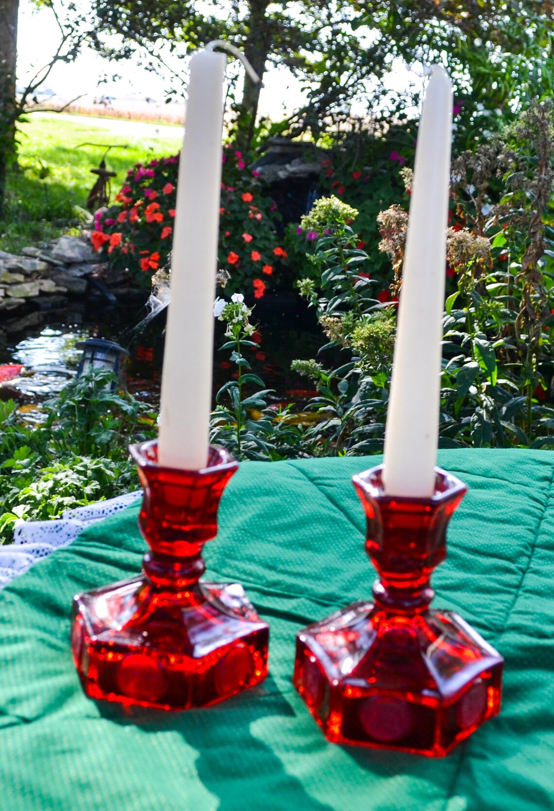 Fostoria Ruby Red Coin Glass Candle Holders: Frosted Medallion Pattern ...