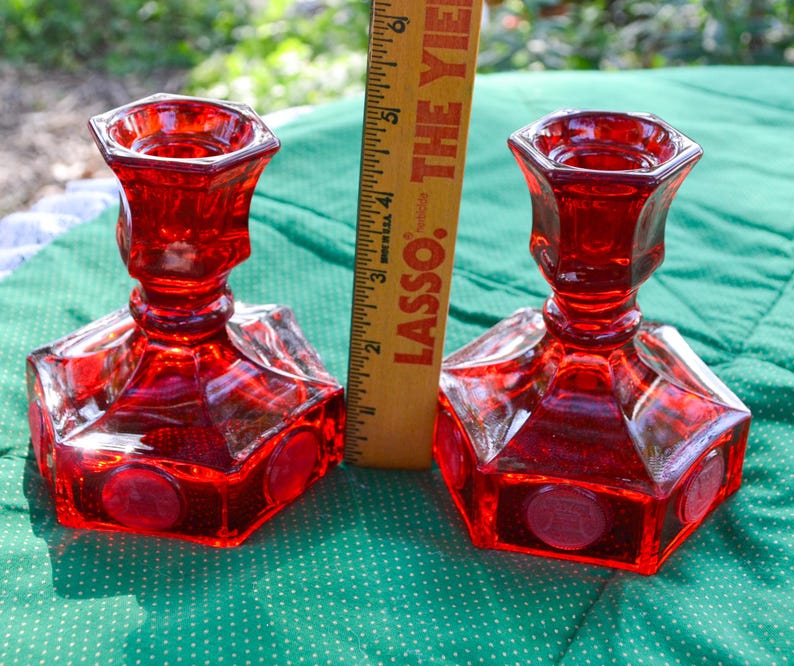 Fostoria Ruby Red Coin Glass Candle Holders: Frosted Medallion Pattern ...