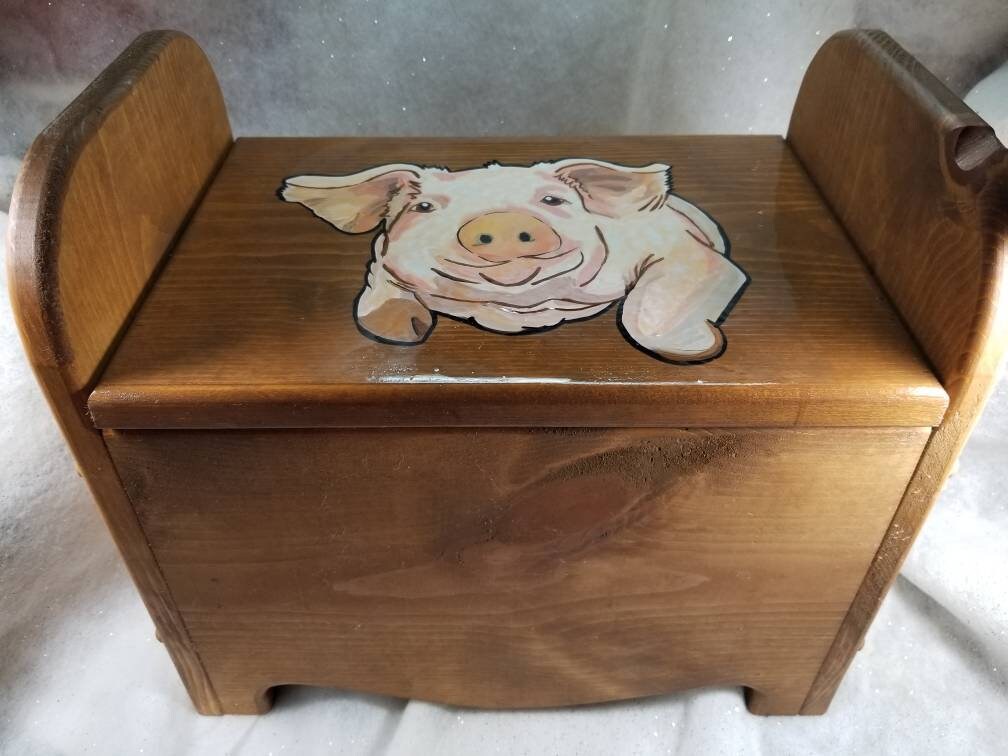 Pig Storage Box, Wooden Box W Lid, Treasure Storage, Book Box, Writing ...