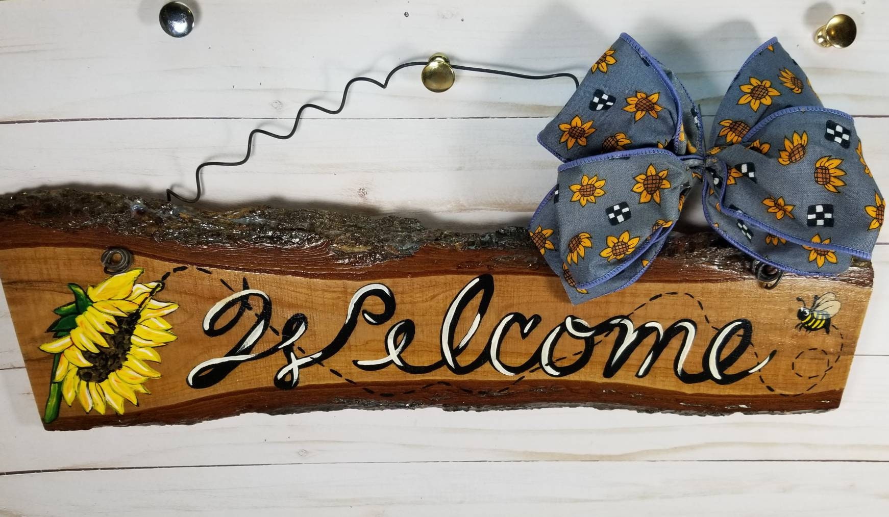 Live Edge Wood Sign, Welcome Sunflower, Wood and Bark Door Hanger, Rare ...