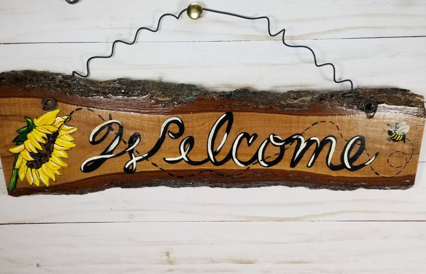 Live Edge Wood Sign Welcome Sunflower Wood and Bark Door | Etsy